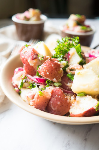 German Potato Salad with Bacon and Red Onion - Kitschen Cat